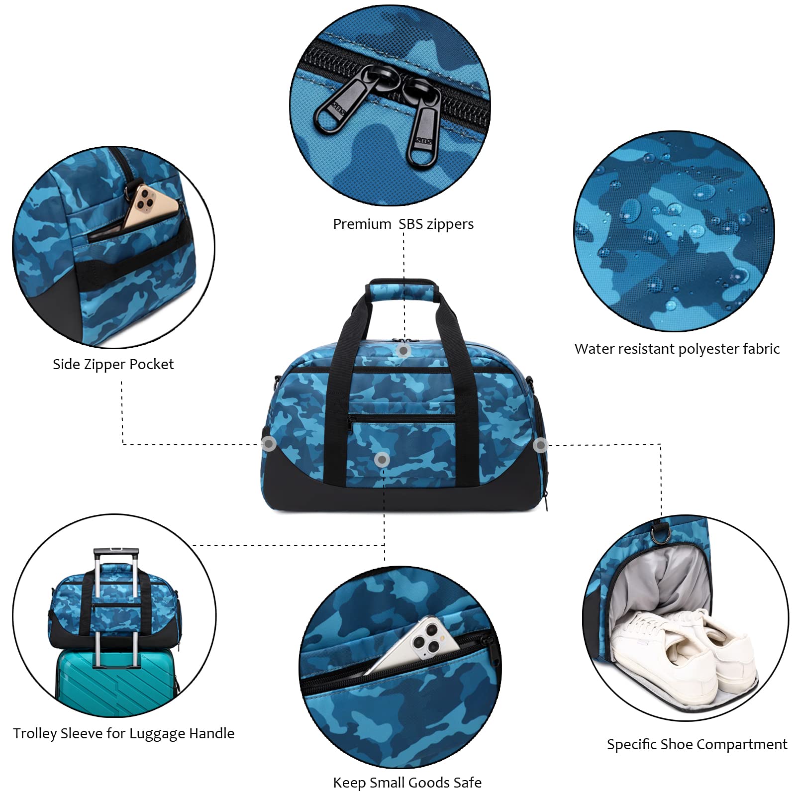 Boys Overnight Duffel Bags Sport Gym Bag Gymnastics Bag with Shoe Compartment, Carry-on Size Weekender Sleepovers Travel Duffel Bag for Boys (Blue Camo)