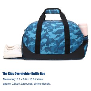 Boys Overnight Duffel Bags Sport Gym Bag Gymnastics Bag with Shoe Compartment, Carry-on Size Weekender Sleepovers Travel Duffel Bag for Boys (Blue Camo)