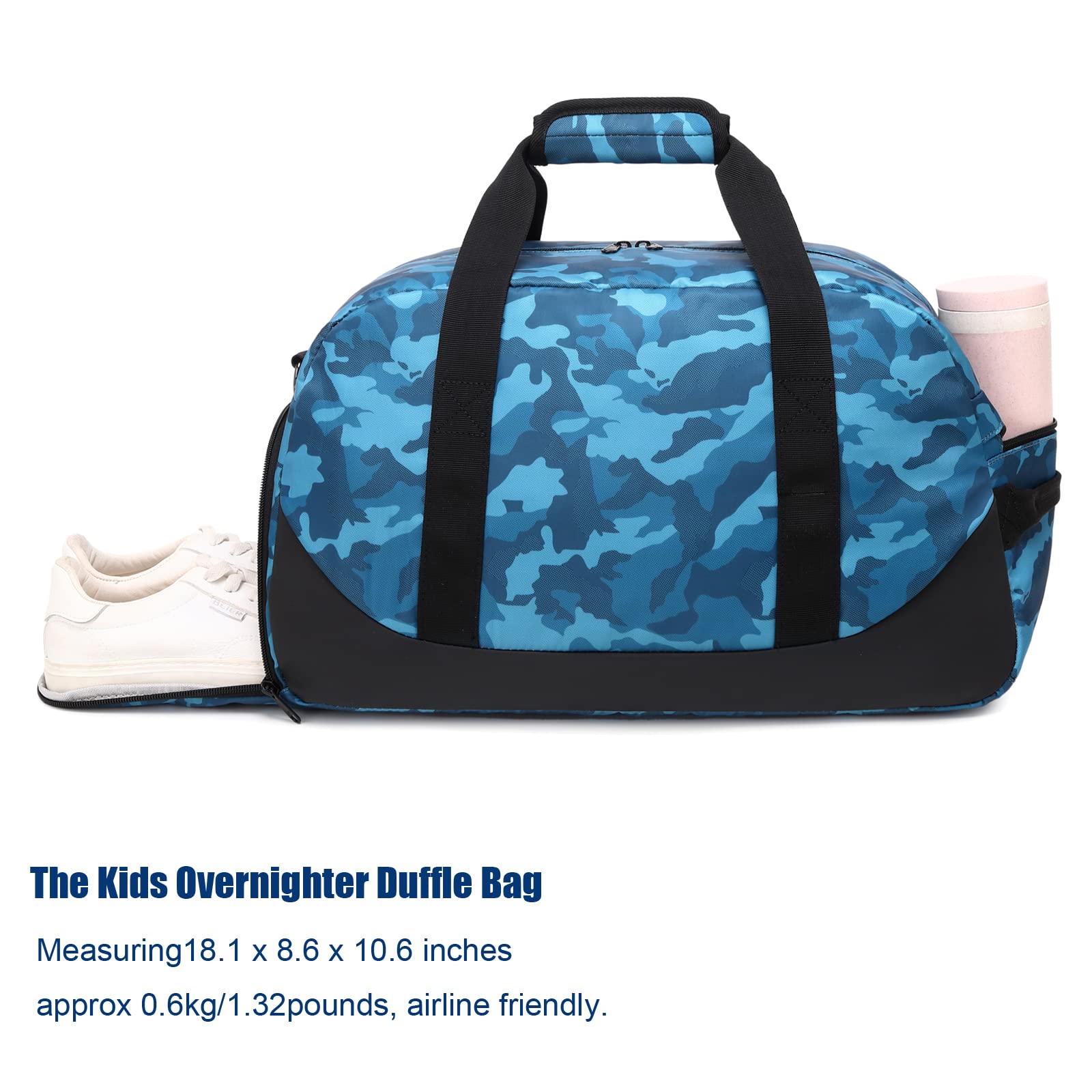 Boys Overnight Duffel Bags Sport Gym Bag Gymnastics Bag with Shoe Compartment, Carry-on Size Weekender Sleepovers Travel Duffel Bag for Boys (Blue Camo)