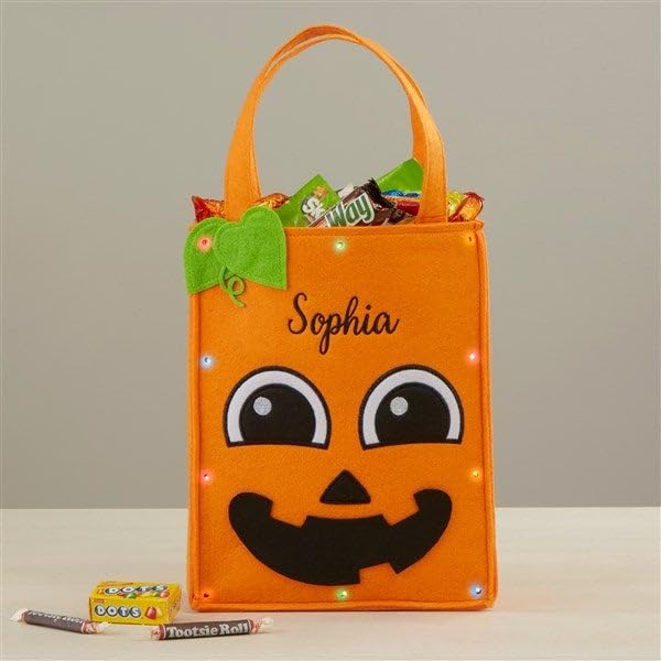 Personalization Universe Personalized Pumpkin Embroidered LED Light Up Halloween Treat Bag,Halloween Candy,Trick or Treating