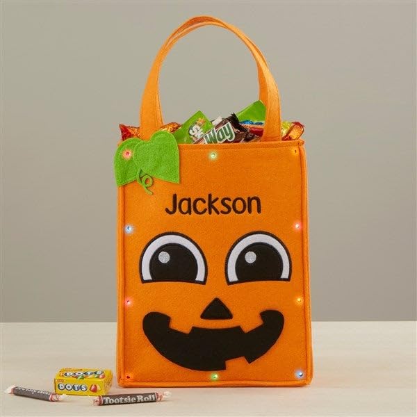 Personalization Universe Personalized Pumpkin Embroidered LED Light Up Halloween Treat Bag,Halloween Candy,Trick or Treating