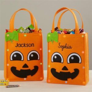 Personalization Universe Personalized Pumpkin Embroidered LED Light Up Halloween Treat Bag,Halloween Candy,Trick or Treating