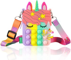 gifts for kids rainbow unicorn purse bag for girls and women, fashion pop purse push bubbles fidget toy, wallet ladies bag silica dimple crossbody bags for girls