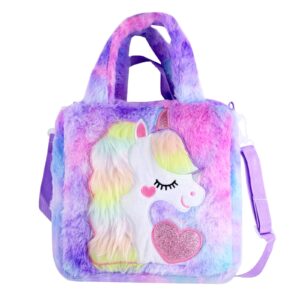 abhay unicorn kids tote bag fashion,plush kids bag for girls,kids crossbody bag toddler bag for girls unicorn party supplies (purple)