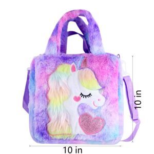 Abhay Unicorn Kids Tote Bag Fashion,Plush Kids Bag for Girls,Kids Crossbody Bag Toddler Bag for Girls Unicorn Party Supplies (Purple)