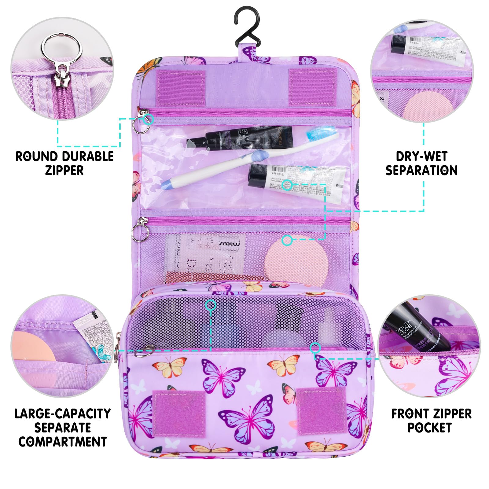 Vipdeal Kids Hanging Toiletry Bag for Girls, Travel Toiletry Bag for Little Young Girls Cosmetic Makeup Waterproof Wash Bag Toddler Traveling Toiletries, Butterfly Purple