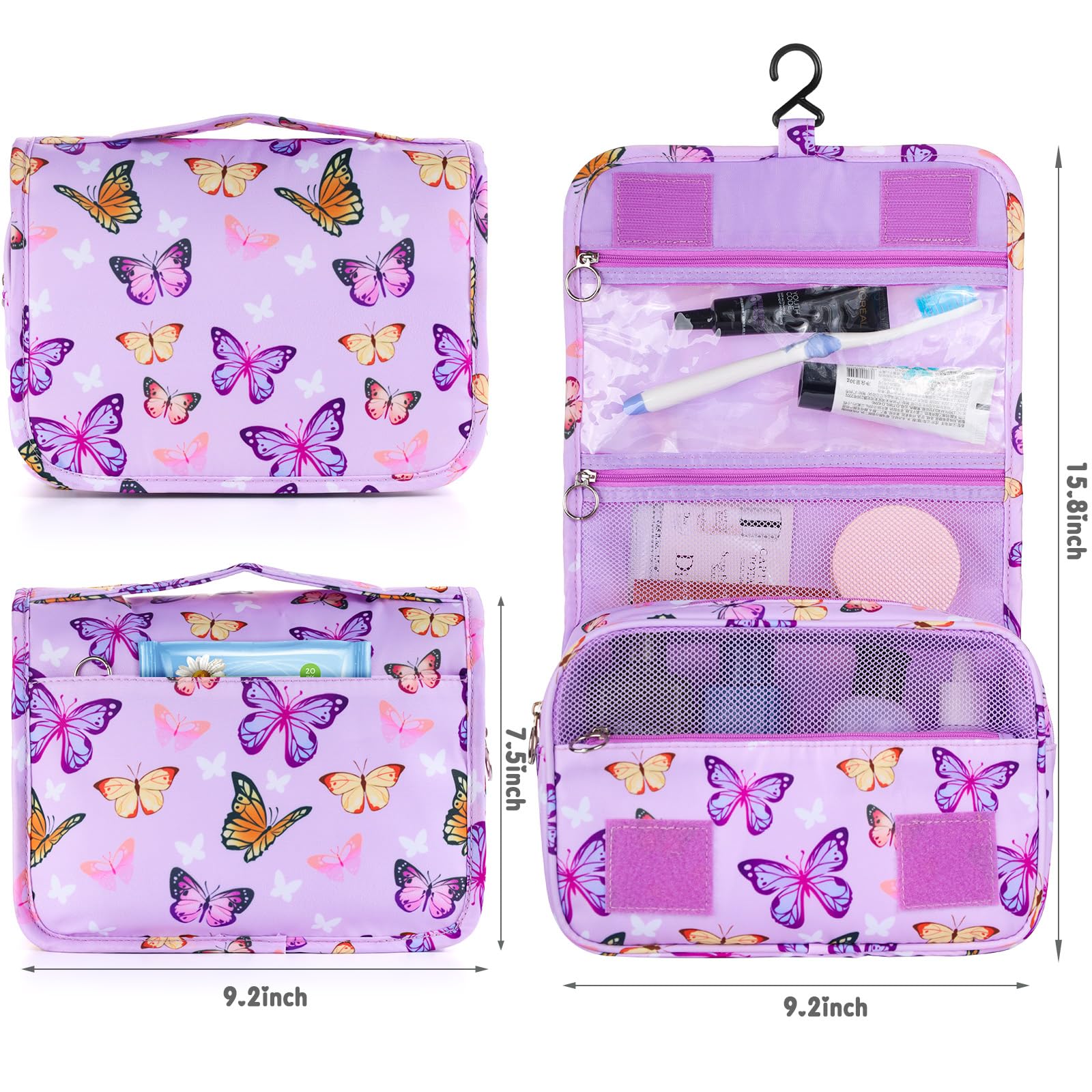 Vipdeal Kids Hanging Toiletry Bag for Girls, Travel Toiletry Bag for Little Young Girls Cosmetic Makeup Waterproof Wash Bag Toddler Traveling Toiletries, Butterfly Purple