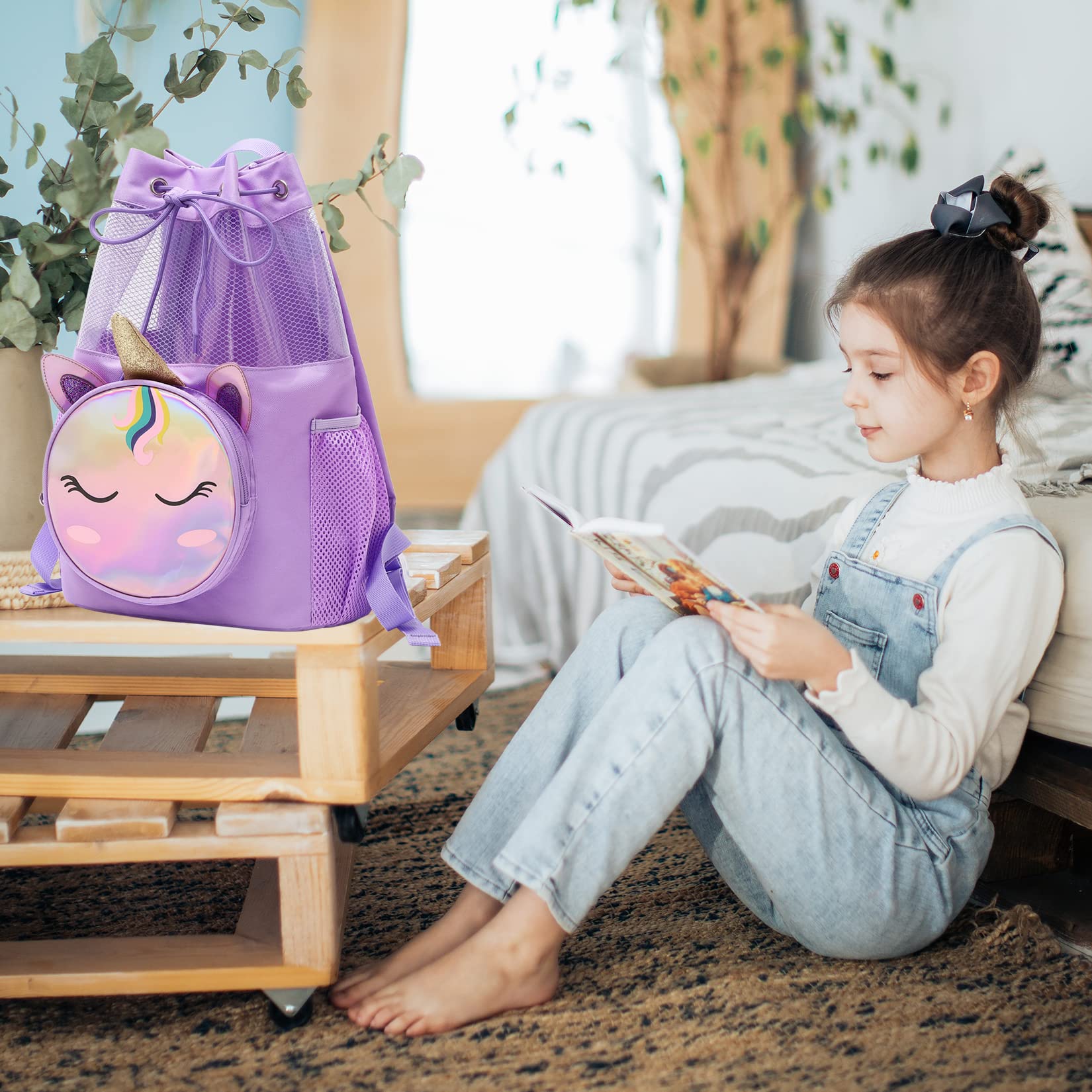 mygreen Unicorn Gifts for Girls - Unicorn Bag, Children Boy Girl Unicorn Print Drawstring Backpack Outdoor Casaul Portable Shoulder Bag Swim Gymsack Sack Pack Purple