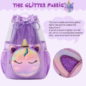 mygreen Unicorn Gifts for Girls - Unicorn Bag, Children Boy Girl Unicorn Print Drawstring Backpack Outdoor Casaul Portable Shoulder Bag Swim Gymsack Sack Pack Purple