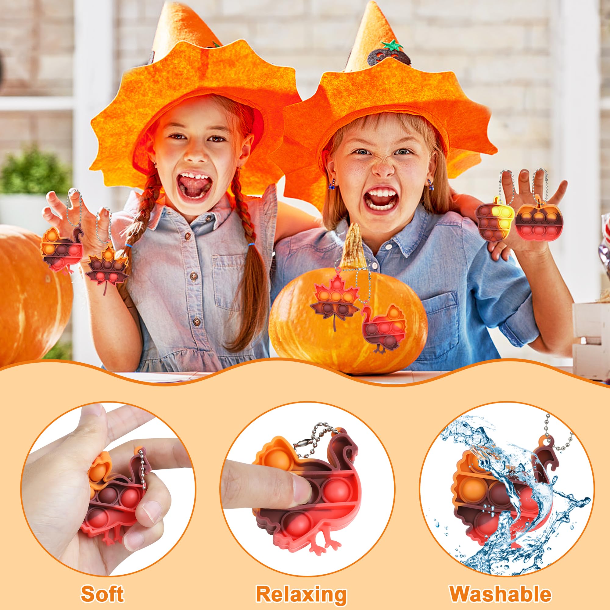 Fall Party Favors Thanksgiving Toys, 24 Pcs Mini Pop Fidget Keychain for Kids Pumpkin Turkey Sensory Toys Fall Festival Pinata Goodie Bag Stuffers Treats Classroom Prizes Gifts for Boys Girls Toddler