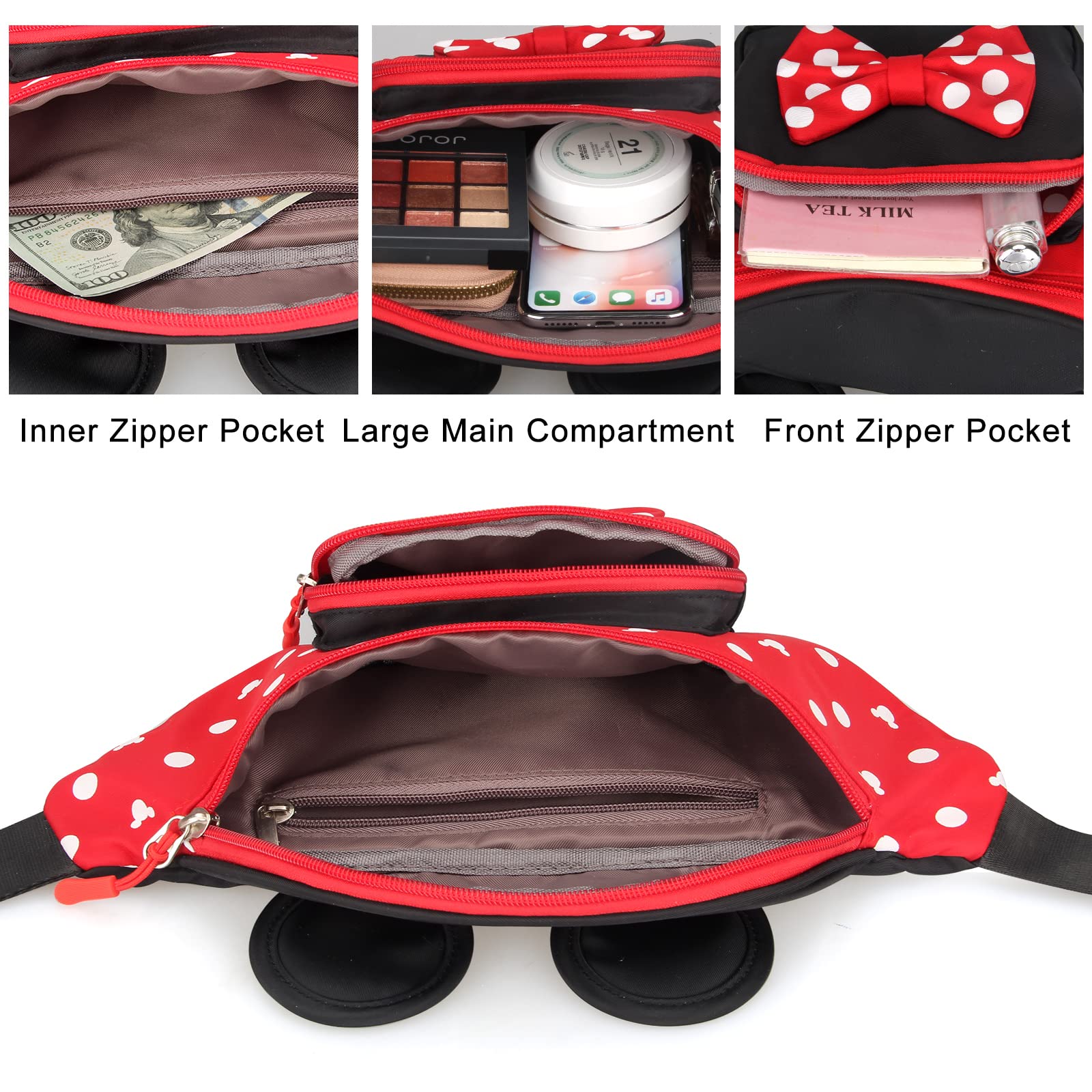 Cute Fanny Pack for Girls Kids Travel Waist Pack Bowknot Polka Dot Mini Mouse Fanny Packs Teen Girls Cartoon Belt Bag Hiking Bum Bags Outdoor Waist Bag with Mouse Ears