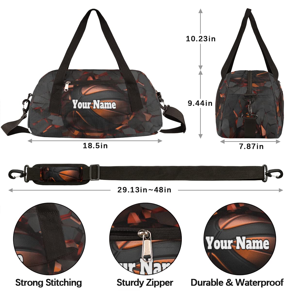 Custom Your Name Sports Ball Basketball Crash Personalized Text Gym Duffle Bag for Kids,Sports Bag for Teens Boys & Girls Small Waterproof Overnight Weekender Carry School Practice Travel Bag