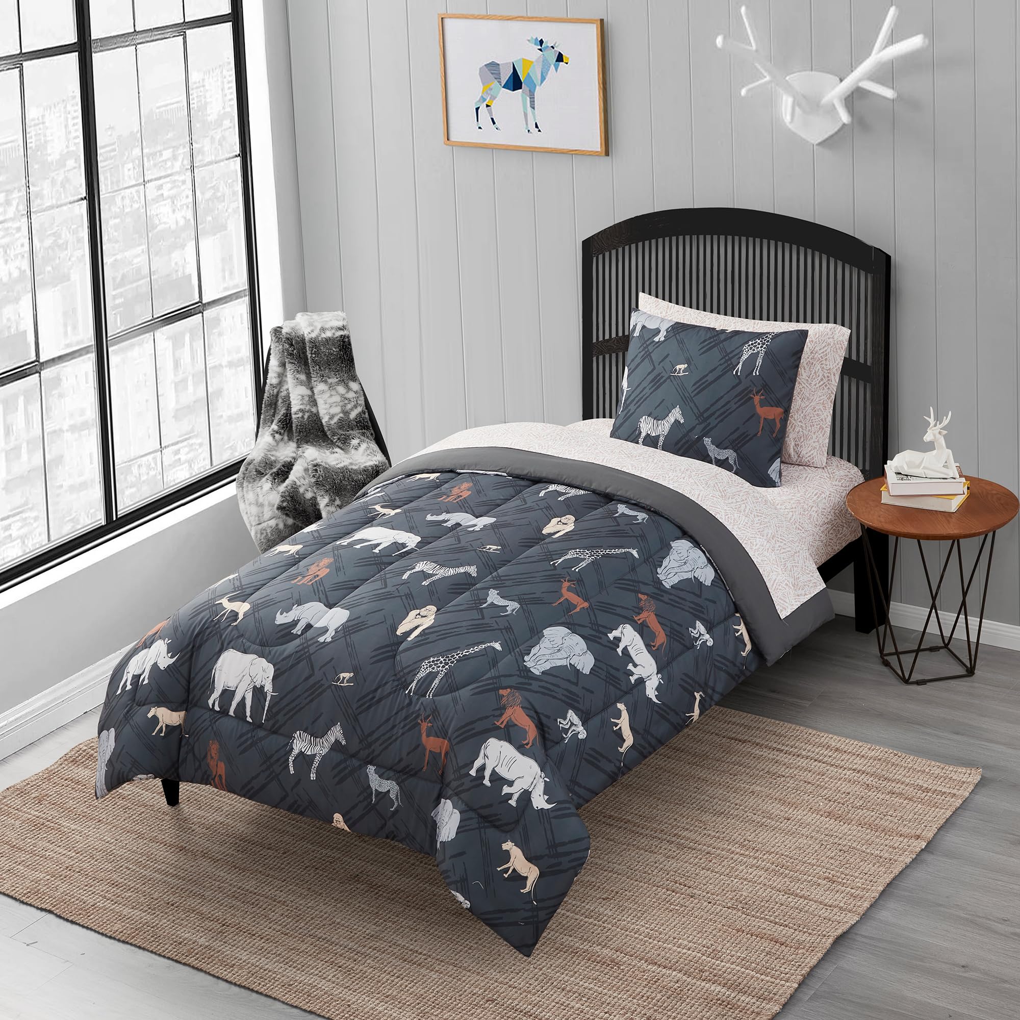 Kids Bedding Set Bed in a Bag for Boys and Girls Toddlers Printed Sheet Set and Comforter, Twin, Safari