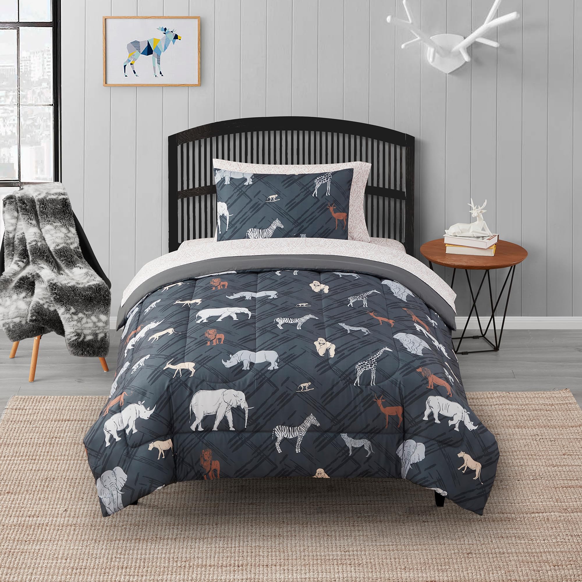 Kids Bedding Set Bed in a Bag for Boys and Girls Toddlers Printed Sheet Set and Comforter, Twin, Safari