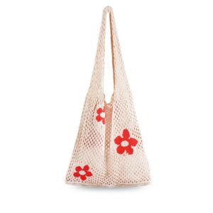 arcimatto crochet tote bag, women summer aesthetic mesh beach bags, girls hobo bags y2k purse fairy grunge accessories (beige flower)