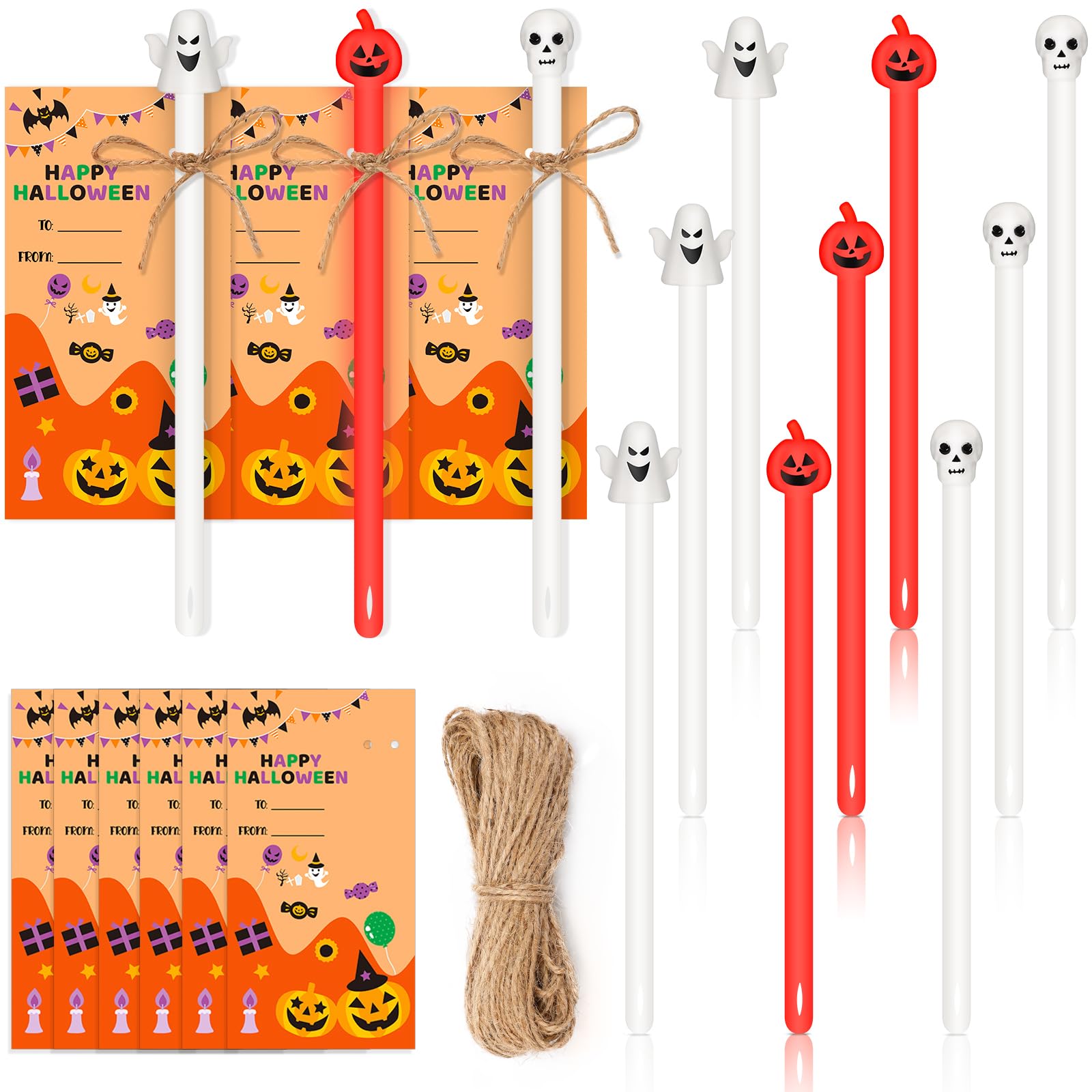 Hiboom 36 Sets Halloween Party Favors, 36 Halloween Stretchy Strings Sensory Fidget Toys with 36 Halloween Greeting Cards and Hemp Rope Stretchy Stress Relief Toys for Students Treat Bags Gift