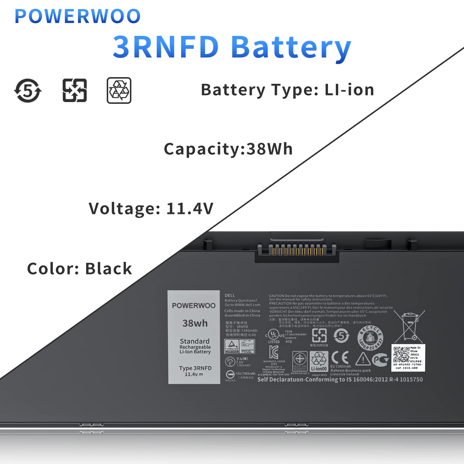 POWERWOO 3RNFD Replacement Battery for Dell Latitude 14 7000, E7450 E7440 Series PFXCR 34GKR F38HT G95J5 3RNFD G0G2M T19VW 909H5 0G95J5 5K1GW 451-BBOG PFXCR F38HT 451-BBFV 451-BBFT 451-BBFY 38Wh 7.4V