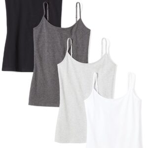 Amazon Essentials Women's Slim-Fit Camisole, Pack of 4, Black/Charcoal Heather/Light Grey Heather/White, Medium