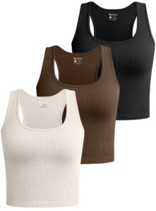 oqq women's 3 piece crop tank tops ribbed seamless workout sleeveless shirts racerback crop tops black coffee beige