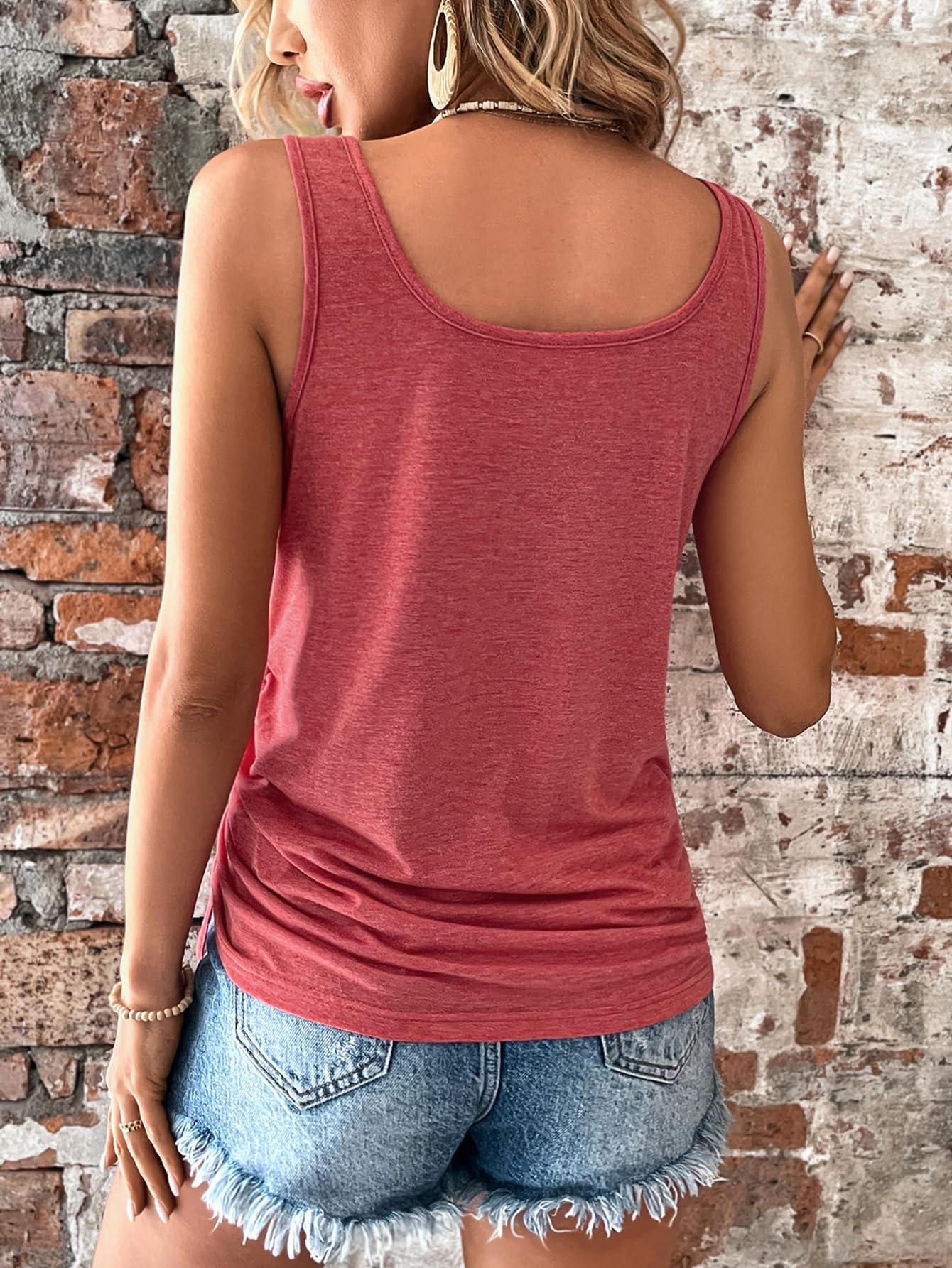 SweatyRocks Women's Scoop Neck Half Button Tank Top Casual Sleeveless Drawstring Tie Side Tops Rusty Rose S