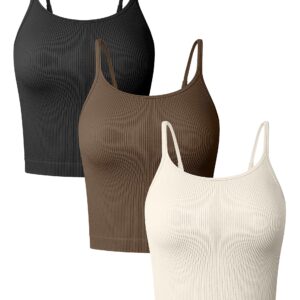 OQQ Women's 3 Piece Tank Tops Ribbed Adjustable Spaghetti Strips Workout Shirts Yoga Crop Tops Black Coffee Beige