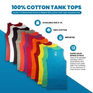 Studio 3 12 Pieces Pack Women's Ribbed 100% Cotton Tank Tops-Assorted Color, Muscle Tank Top, X-Large