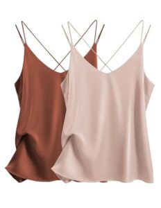 ekouaer womens 2-pack silk satin camisole tank top v neck sexy cross back spaghetti strap cami sleeveless lounge tops