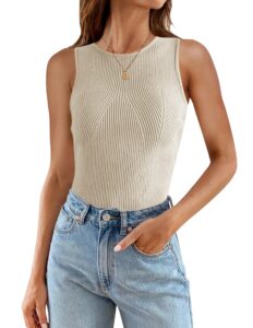 zesica womens ribbed tank tops 2024 summer sleeveless high neck casual slim fitted basic knit shirts,sand,small