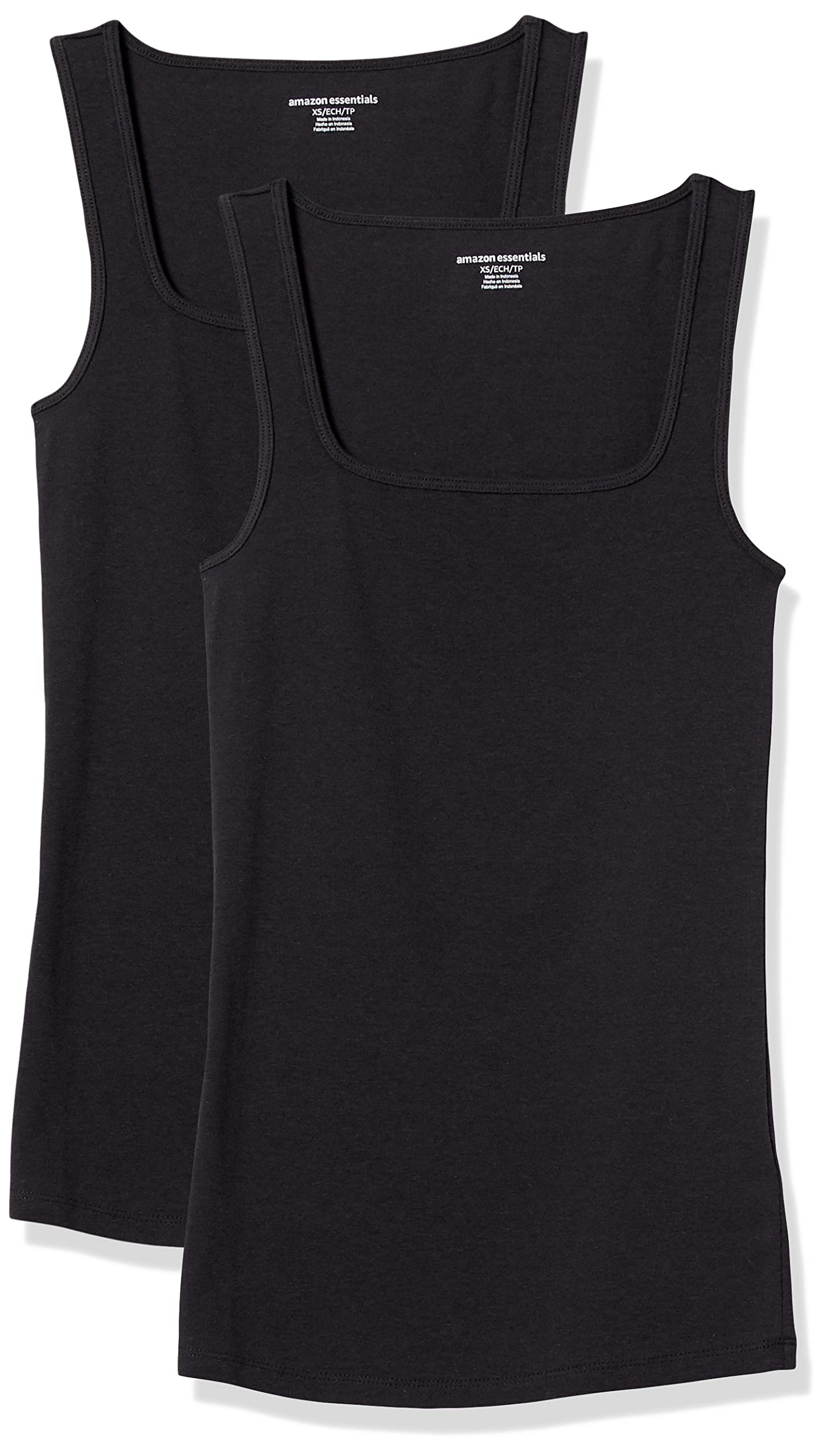 Amazon Essentials Women's Slim Fit Square Neck Tank, Pack of 2, Black, Medium