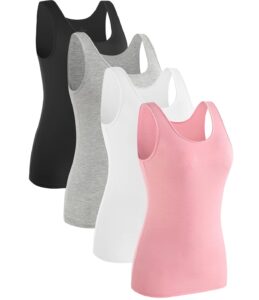 rosyline 4 piece women tank tops basic sleeveless undershirt layering tanks black/grey/white/pink m