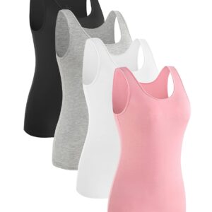 Rosyline 4 Piece Women Tank Tops Basic Sleeveless Undershirt Layering Tanks Black/Grey/White/Pink M