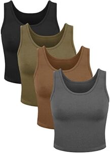 satinior 4 pieces women basic crop tank top short sleeveless sports crop top black, dark gray, olive-drab, chocolate, medium