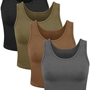 SATINIOR 4 Pieces Women Basic Crop Tank Top Short Sleeveless Sports Crop Top Black, Dark Gray, Olive-Drab, Chocolate, Medium