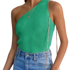 ZESICA Women's One Shoulder Tank Summer Sleeveless T Shirt Ribbed Knit Slim Fit Sexy Casual Basic Tee Tops,Green,Medium