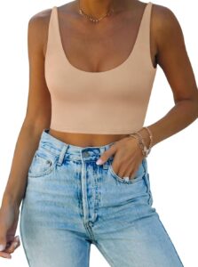 reoria women's summer sexy casual deep scoop neck double lined adjustable spaghetti strap cami camisole seamless sleeveless cropped tank top cute yoga crop tops nude small