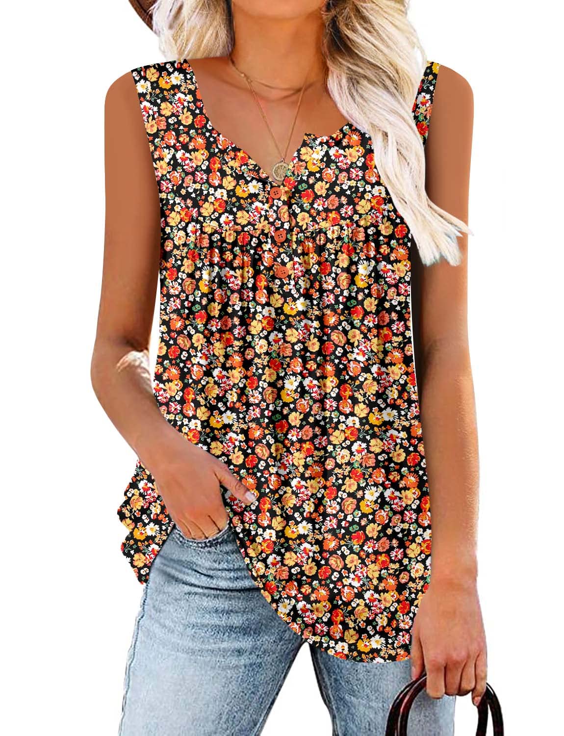 Tank Top for Women Yellow Red Floral Sleeveless Tops Floral Tops L