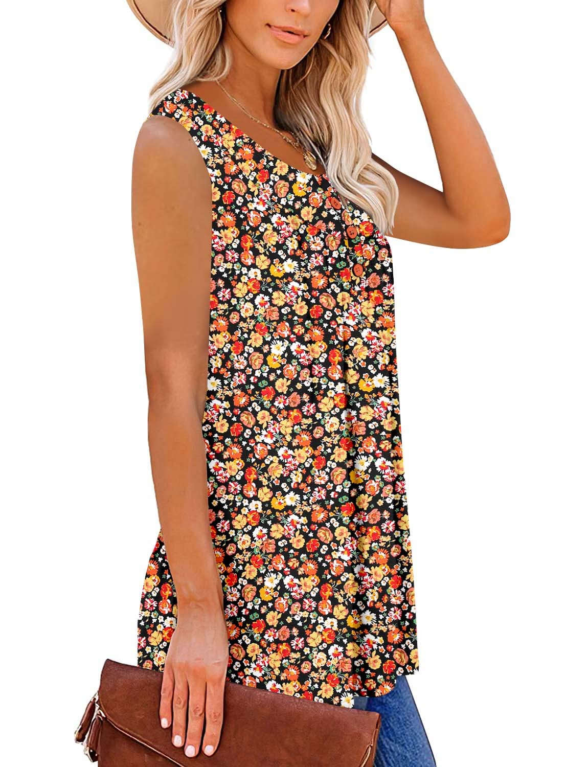 Tank Top for Women Yellow Red Floral Sleeveless Tops Floral Tops L