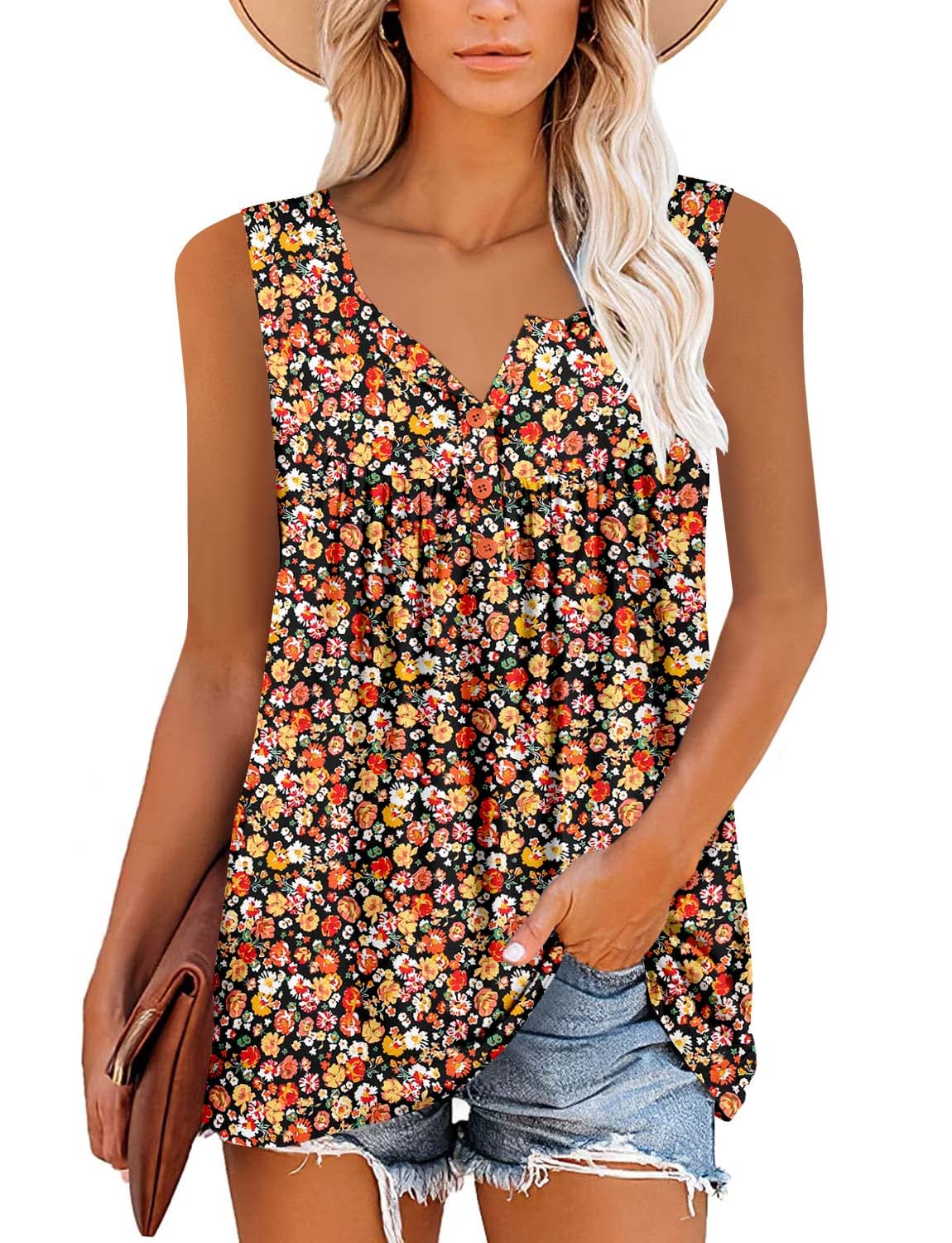 Tank Top for Women Yellow Red Floral Sleeveless Tops Floral Tops L