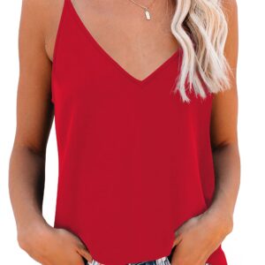 OMSJ Women's Spaghetti Strap Tank Tops V Neck Sleeveless Summer Loose Fit Shirts(L, Red)