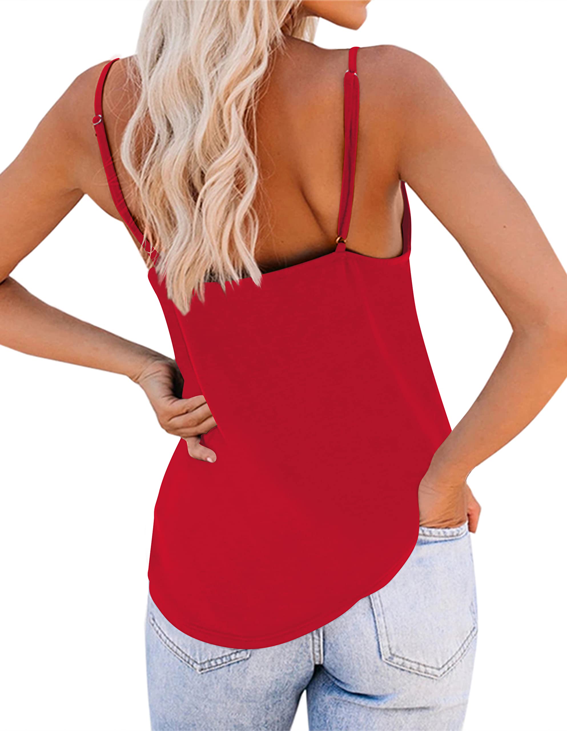 OMSJ Women's Spaghetti Strap Tank Tops V Neck Sleeveless Summer Loose Fit Shirts(L, Red)