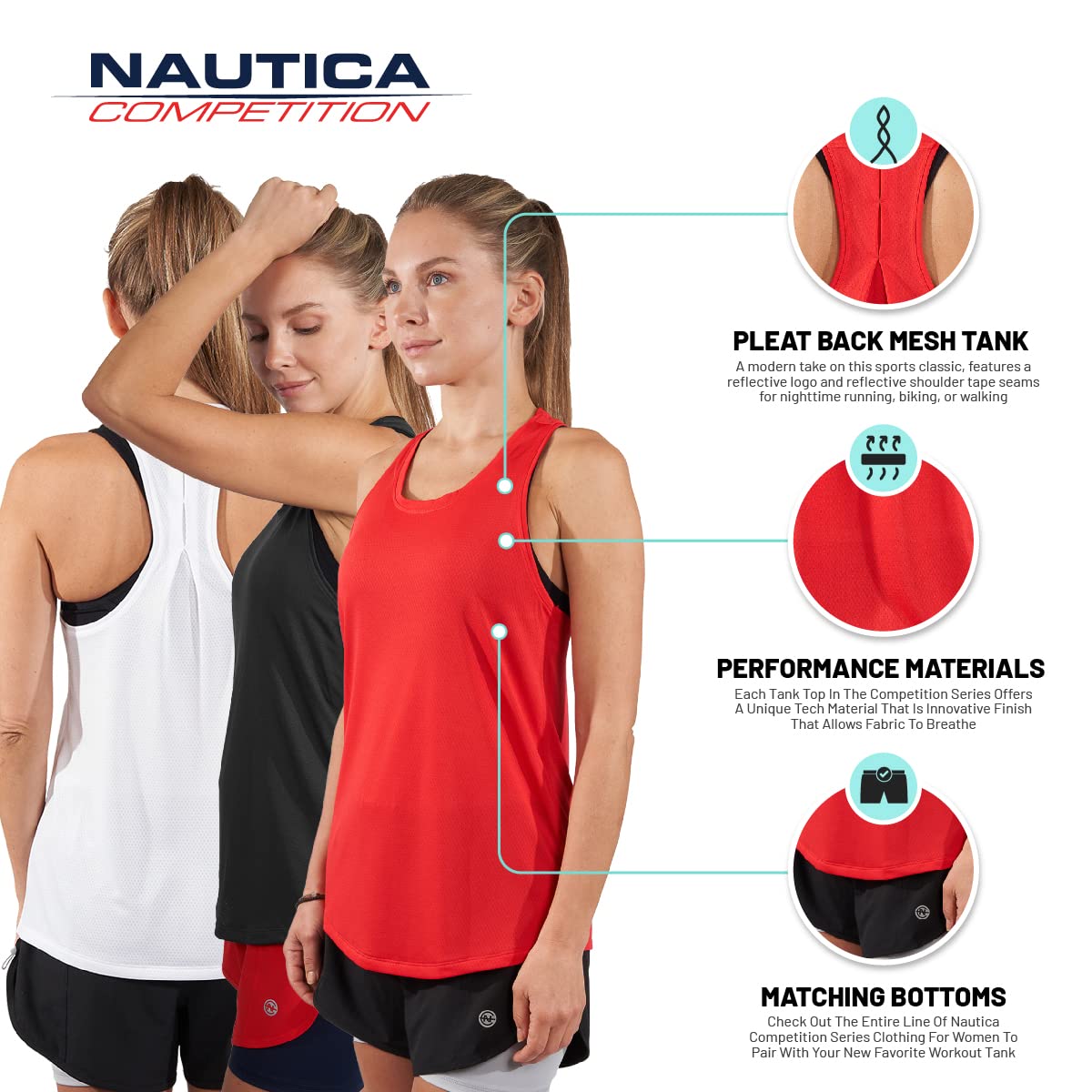 Nautica 3 Pack Mesh Workout Tank Tops for Women Active Athletic Gym Workout Running Exercise Yoga Dry-Fit Fabric