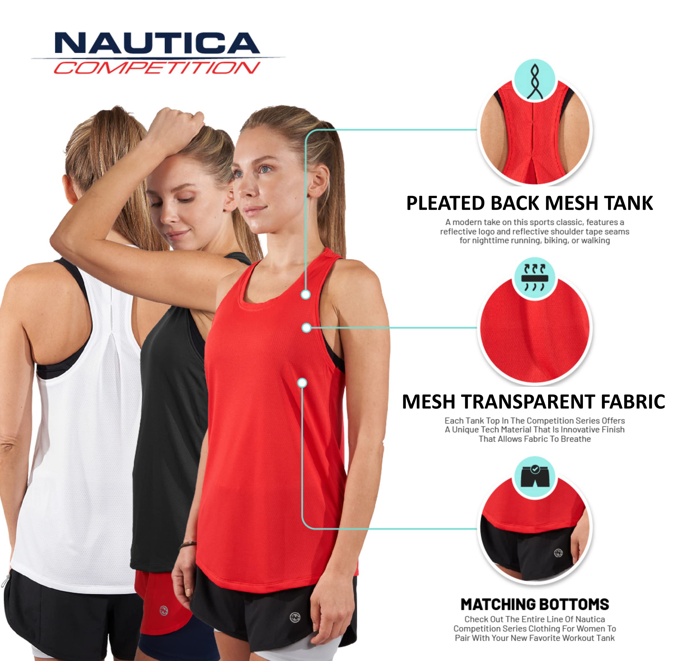 Nautica 3 Pack Mesh Workout Tank Tops for Women Active Athletic Gym Workout Running Exercise Yoga Dry-Fit Fabric