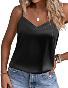 ekouaer women's lace silk satin pajama tank tops v neck camisole soft spaghetti strap tops loose sleepwear black large