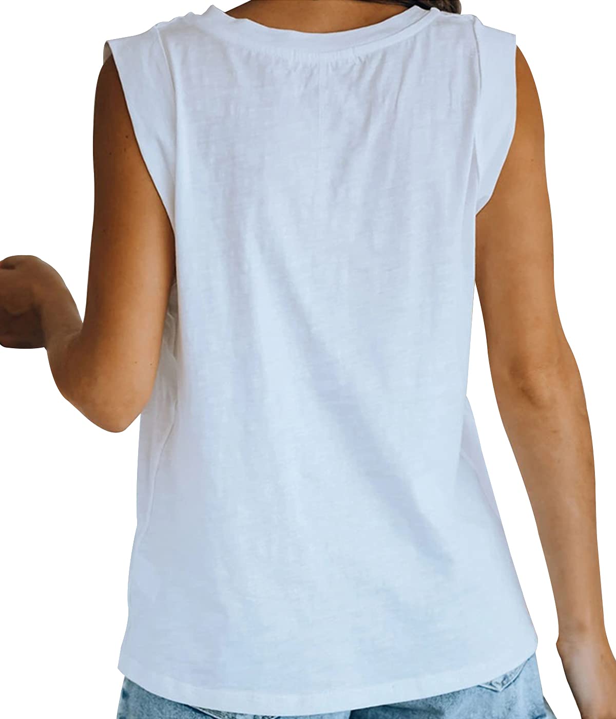 Women's Summer Sleeveless Tank Top Loose Fit Casual Crew Neck T Shirts Basic Tee Tops White