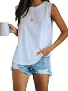 women's summer sleeveless tank top loose fit casual crew neck t shirts basic tee tops white