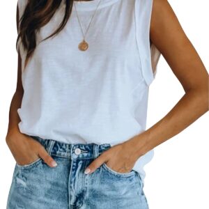 Women's Summer Sleeveless Tank Top Loose Fit Casual Crew Neck T Shirts Basic Tee Tops White