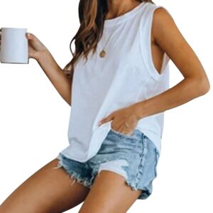 Women's Summer Sleeveless Tank Top Loose Fit Casual Crew Neck T Shirts Basic Tee Tops White