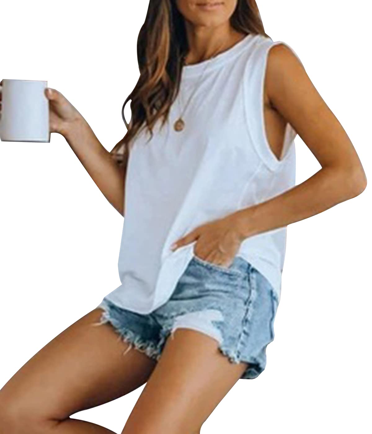 Women's Summer Sleeveless Tank Top Loose Fit Casual Crew Neck T Shirts Basic Tee Tops White