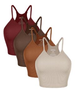 aslabcrew women's crop 4 piece seamless ribbed camisole strappy cropped tank tops, mushroom+clay+brunette+wine, medium/large