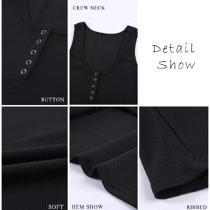 BTFBM Women's Summer Ribbed Tank Tops Crew Neck Button Down Slim Fit Basic Sleeveless Tunic Blouse Casual Henley Shirts(Sleeveless Black, Medium)